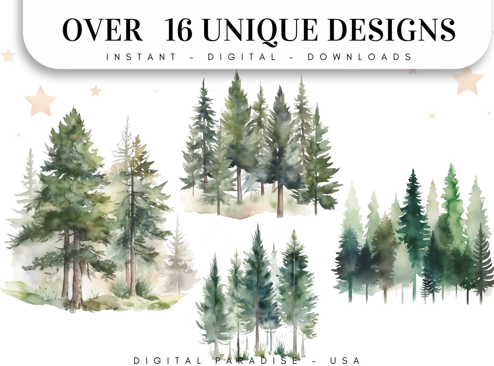 Set of 16, Watercolor Forest Tree Clipart, Pine Tree Png , Woodland ...