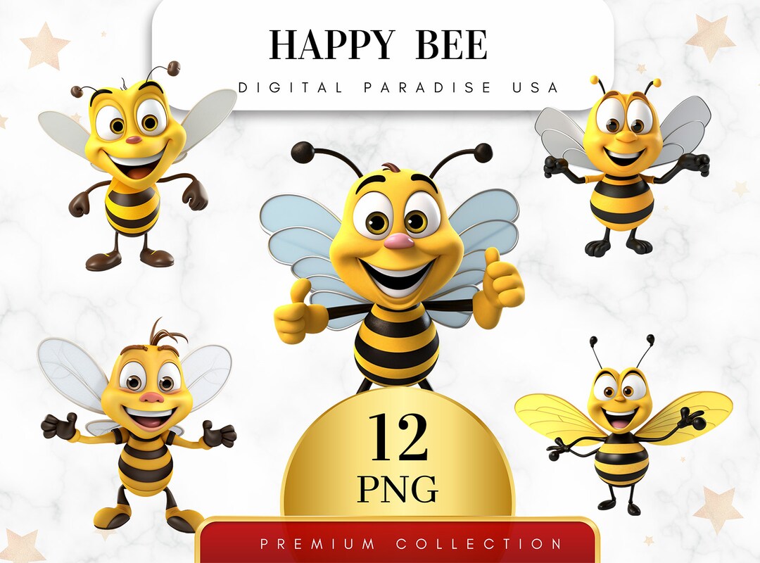 Set of 12, Happy Bee Clipart, Bee PNG, Watercolor Bee, Bee Illustration ...