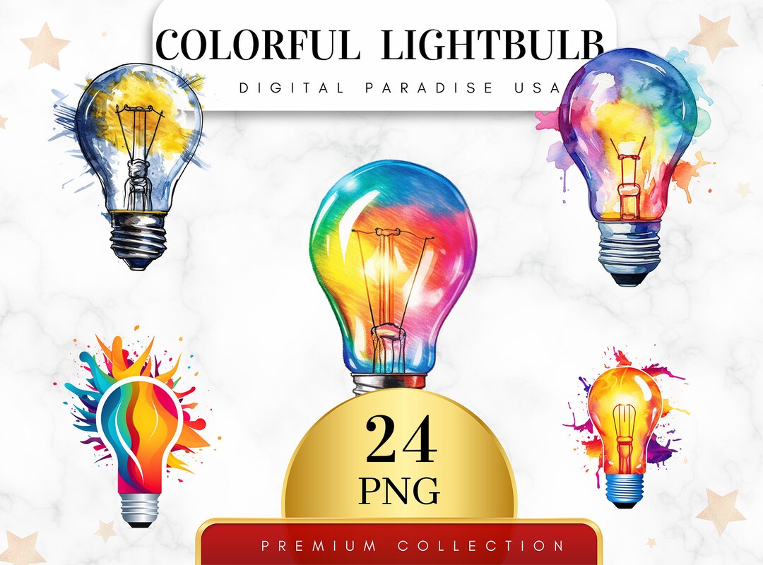 Set of 24, Colorful Lightbulb Clipart, Lightbulb PNG, Retro Lightbulb ...