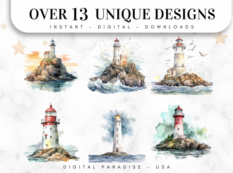 Set of 13, Watercolor Lighthouse Clipart, Lighthouse PNG, Nautical ...