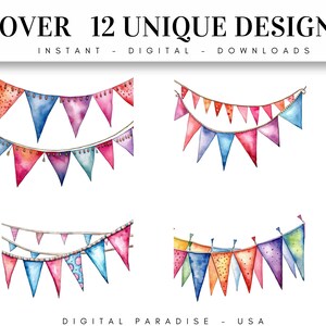 Set of 12, Colorful Bunting Clipart, Bunting PNG, Party Decoration ...