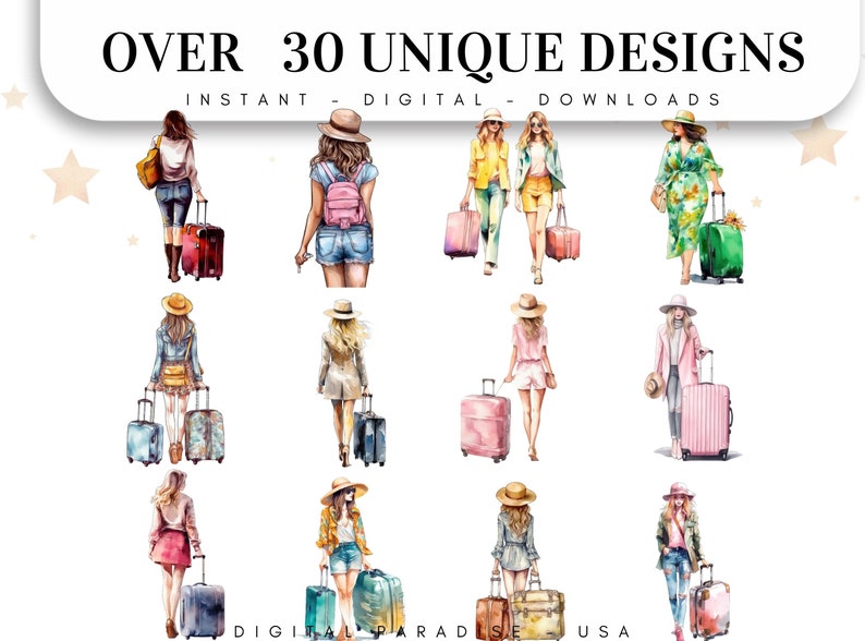 Set of 30, Watercolor Travel Clipart, Fashion Girl Clip Art, Summer ...