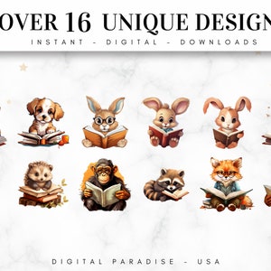Set of 16, Animals With Books Clipart, Animal Reading Books, Book Lover ...