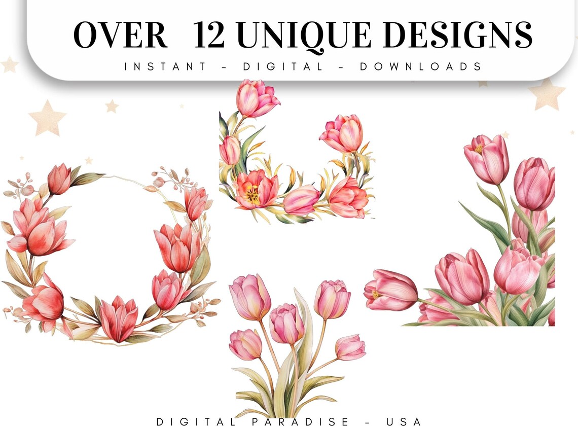 Set of 12, Watercolor Pink Tulips Clipart, Tulips PNG, Floral Clipart ...