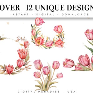Set of 12, Watercolor Pink Tulips Clipart, Tulips PNG, Floral Clipart ...