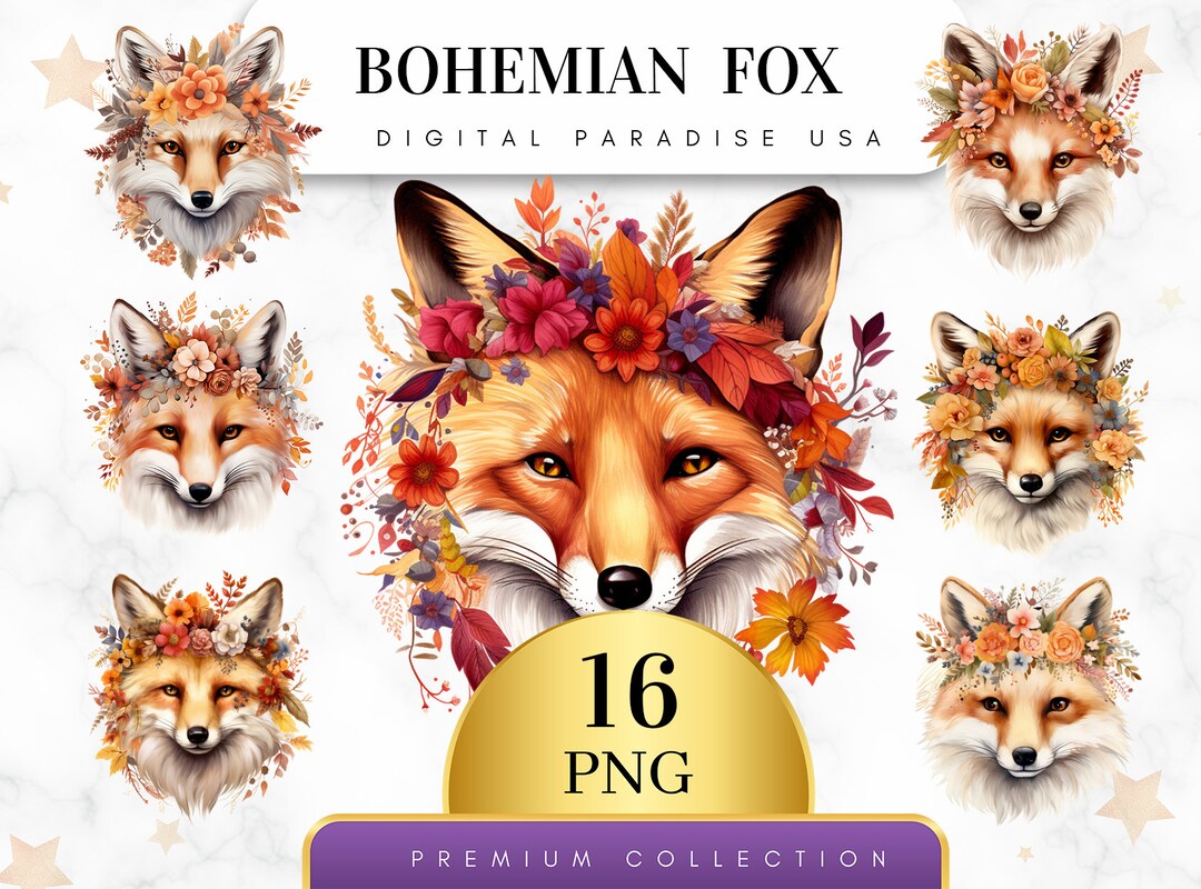 Set of 16, Bohemian Fox Clipart, Fox PNG, Watercolor Fox, Fox Art ...