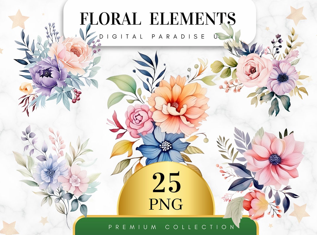 Set of 25, Watercolor Floral Elements, Flower Clipart, Floral PNG ...