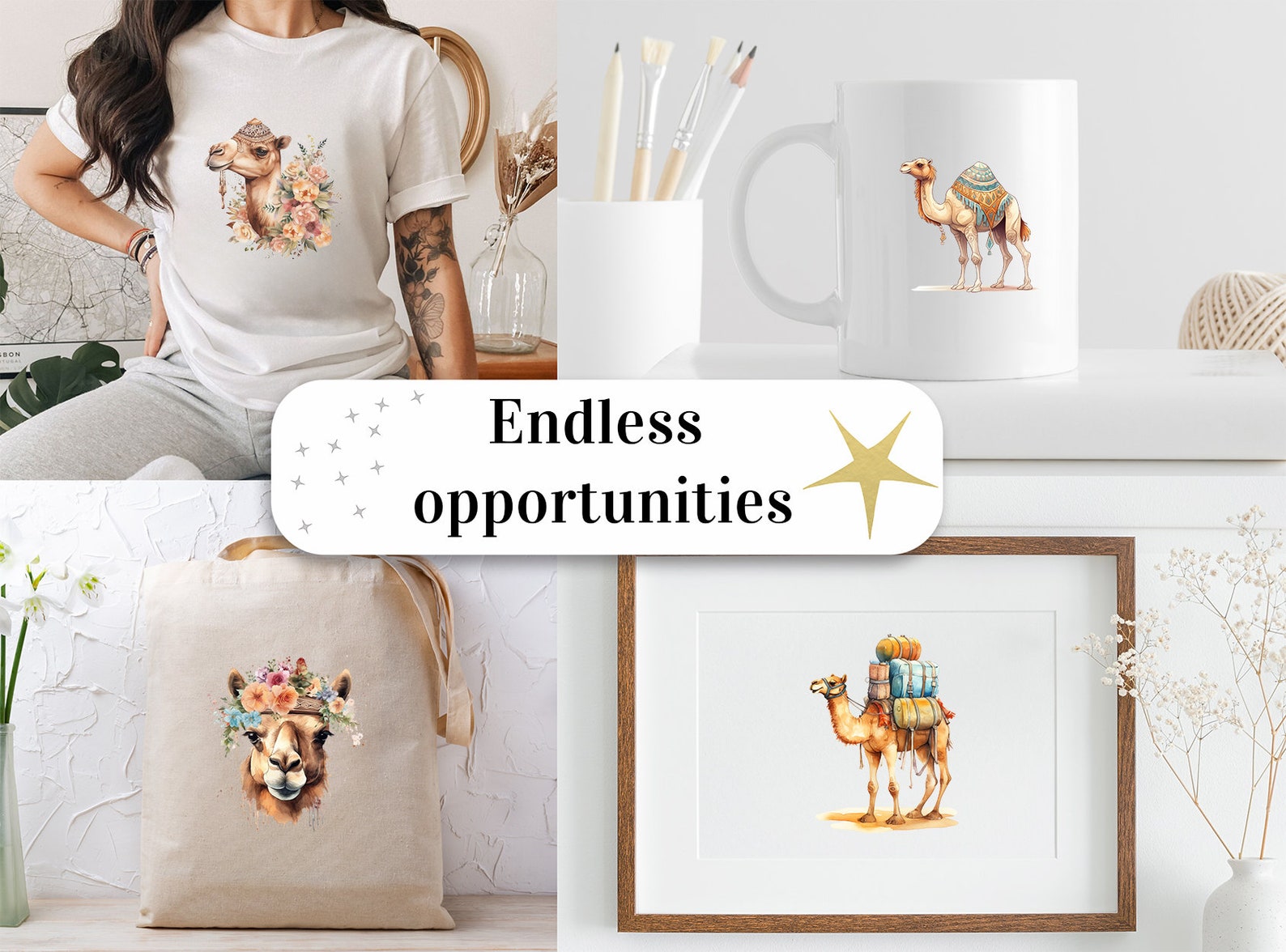 Set of 25, Watercolor Floral Camels Clipart, Camel PNG, Boho Camel Art ...