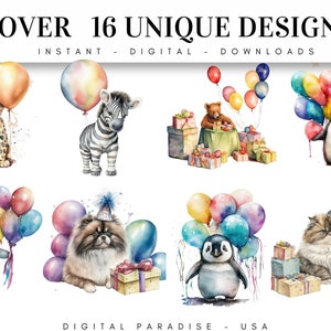 Set of 16, Watercolor Animals With Balloons, Birthday Clipart, Animal ...