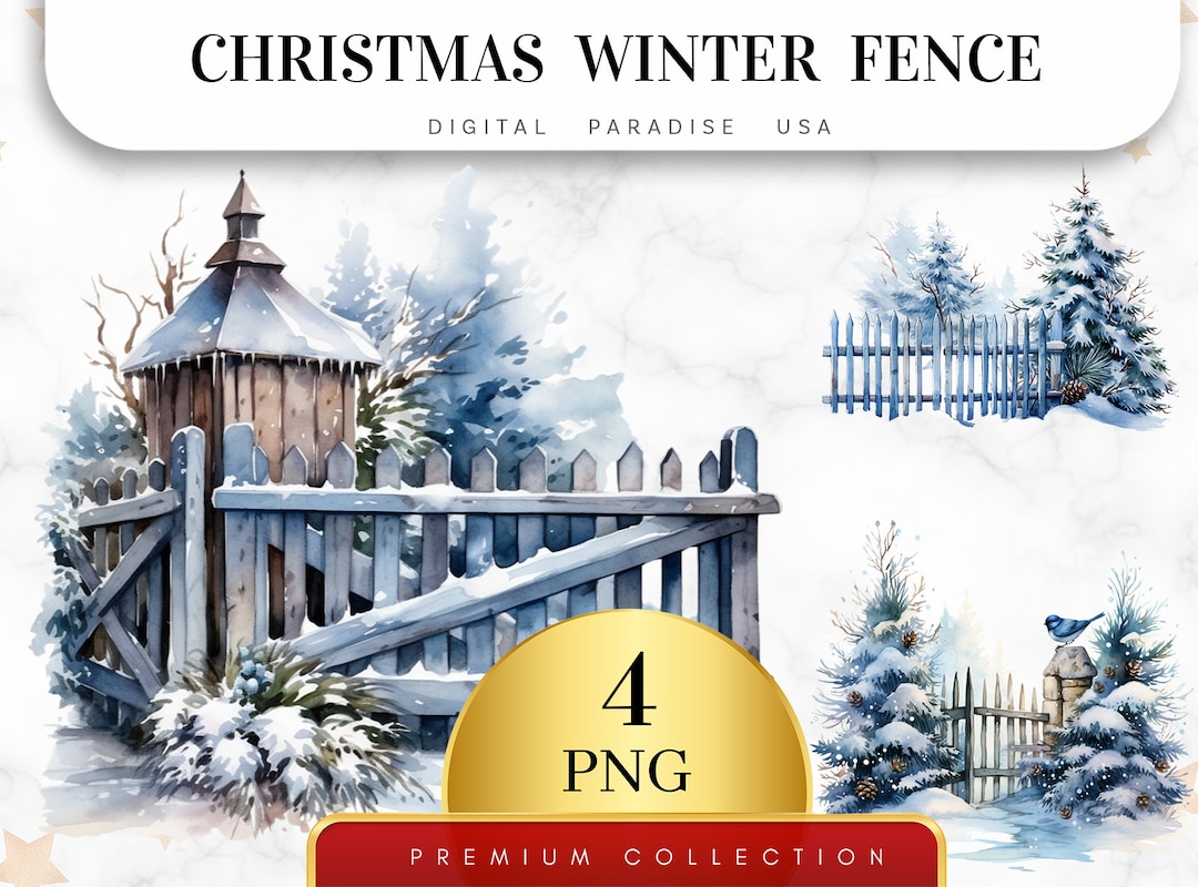 Set of 4, Christmas Winter Fence Clipart, Christmas Fence PNG, Snowy ...