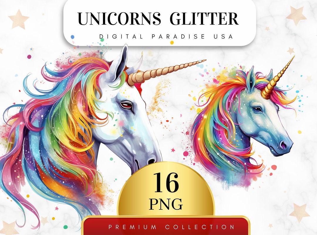 Set of 16, Unicorns Glitter Clipart, Unicorn PNG, Magical Unicorn ...