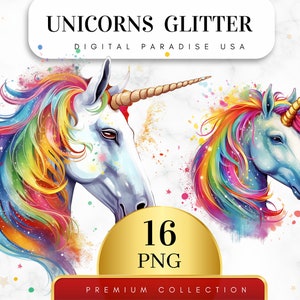 Set of 16, Unicorns Glitter Clipart, Unicorn PNG, Magical Unicorn ...