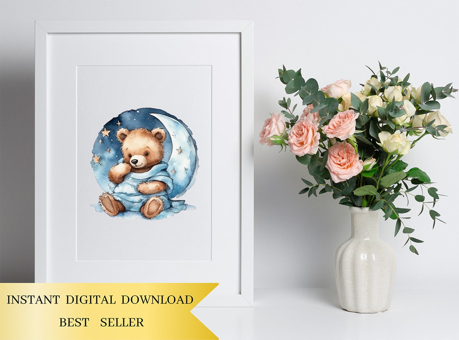 Set of 10, Watercolor Teddy on Moon, Teddy Bear PNG, Nursery Clip Art ...