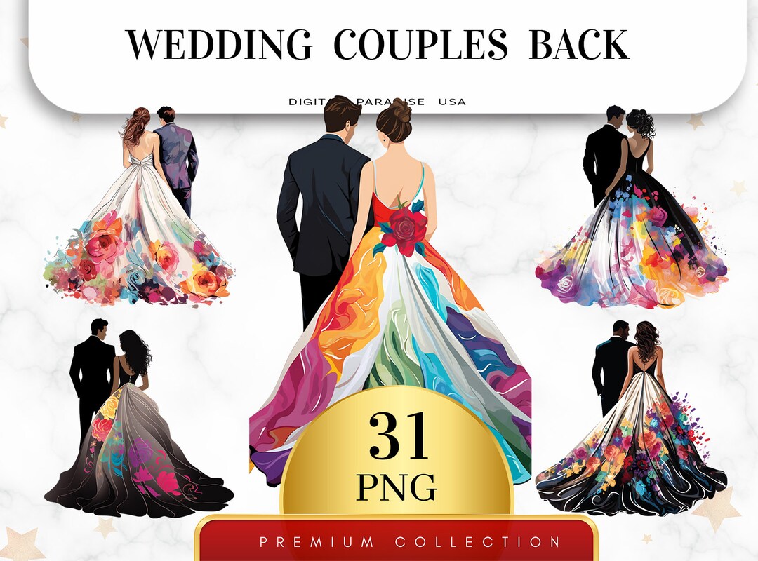 Set of 31, Wedding Couples Back, Wedding Day Clipart PNG, Marriage ...