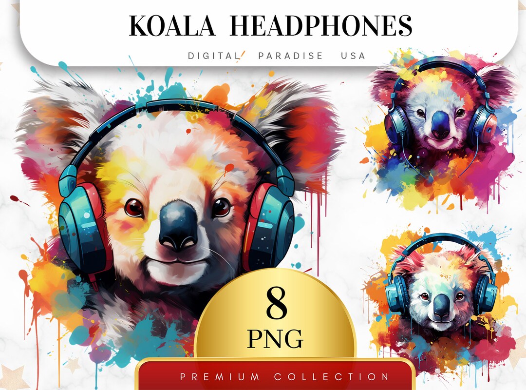 Set of 8, Koala Headphones Clipart, Koala Clipart, Koala Png, Music ...