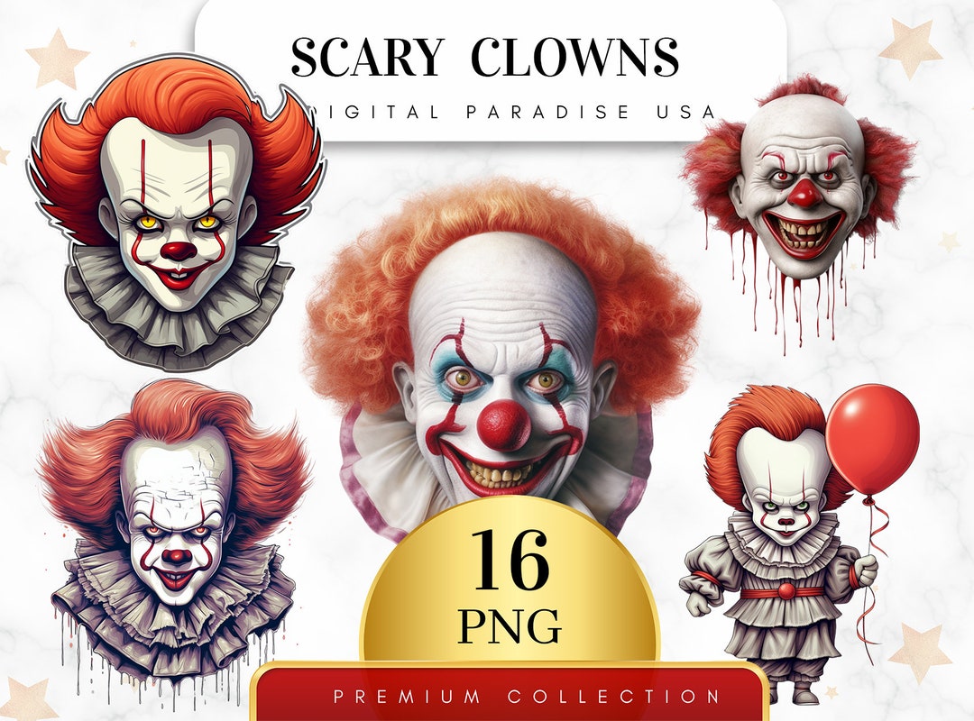 Set of 16, Scary Clowns Clipart, Scary Clowns PNG, Halloween Clown ...