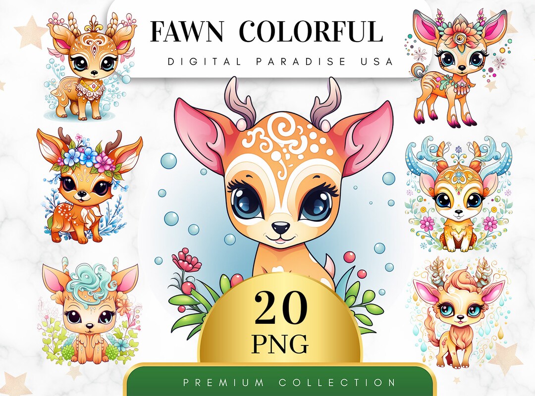 Set von 20, Rehkitz bunt, Clipart, Rehkitz PNG, buntes Rehkitz ...