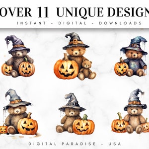 Set of 11, Watercolor Teddy Bear Halloween, Teddy Bear PNG, Nursery Art ...