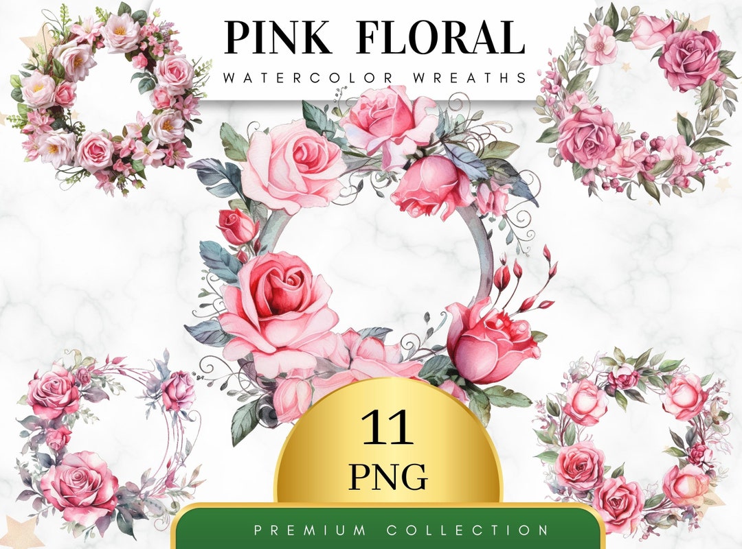Set of 11, Watercolor Pink Floral Wreath, Floral Frame Clipart ...