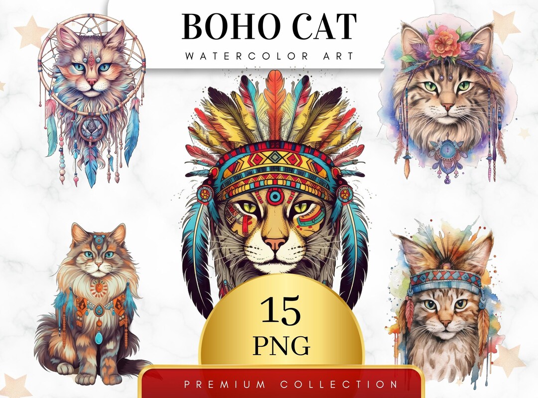 Set of 15, Watercolor Cat Clipart, Boho Cat Png, Boho Cat Shirt ...