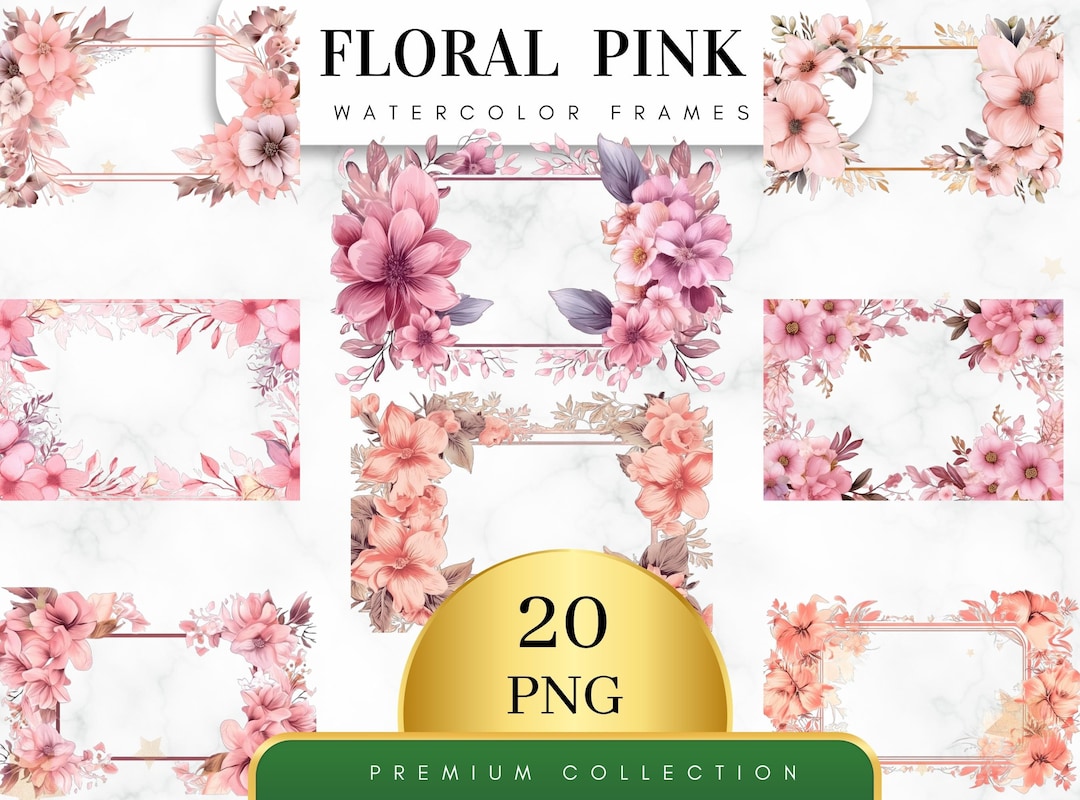 Set of 20, Watercolor Floral Pink Rectangular Frames, Floral Clipart ...