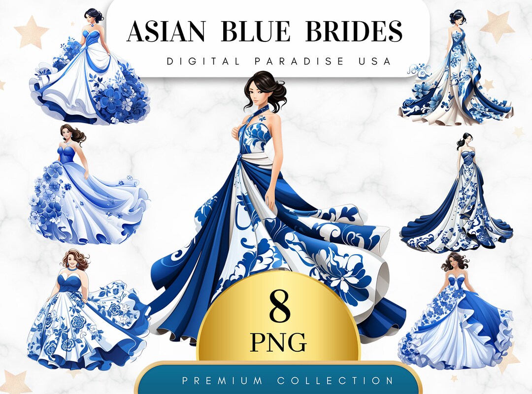 Set of 8, Asian Blue Brides Clipart, Blue Wedding Clipart, Bride ...