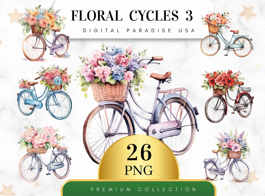 Set of 26, Floral Cycles Clipart 3, Floral Cycles PNG, Floral Bikes ...