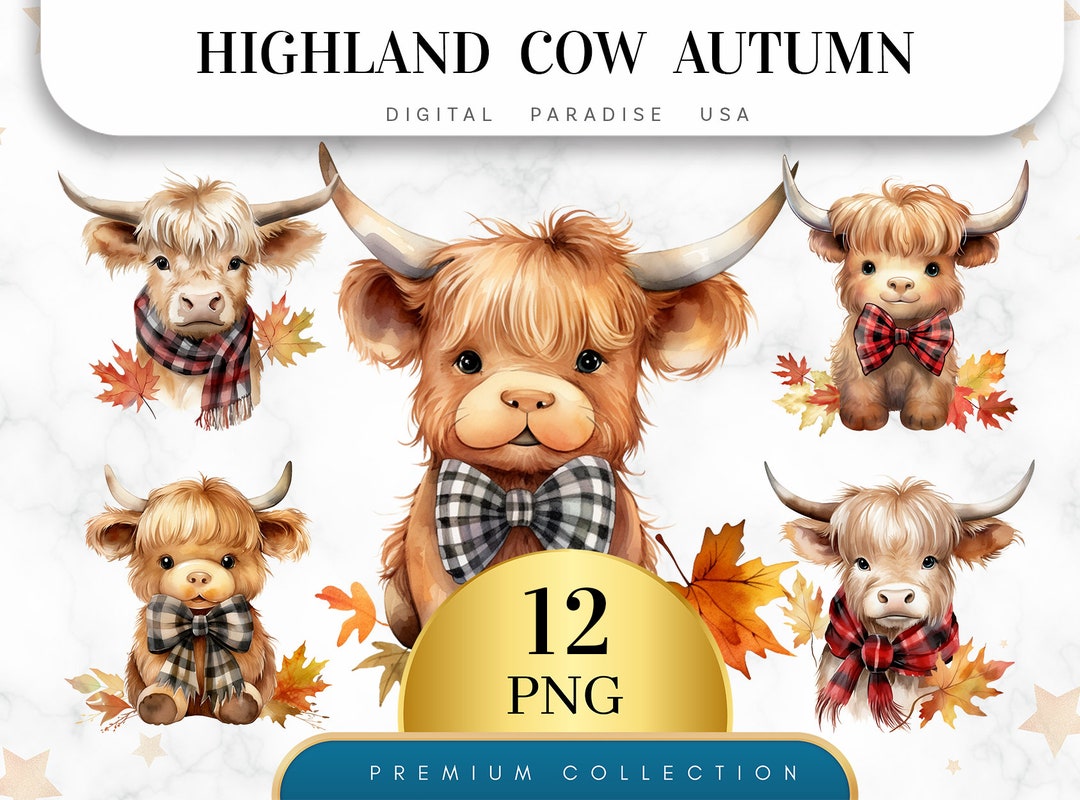 Set of 12, Highland Cow Autumn, Highland Cow PNG, Watercolor Highland ...