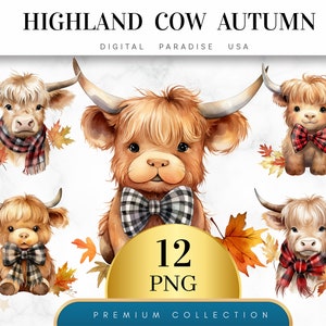 Set of 12, Highland Cow Autumn, Highland Cow PNG, Watercolor Highland ...