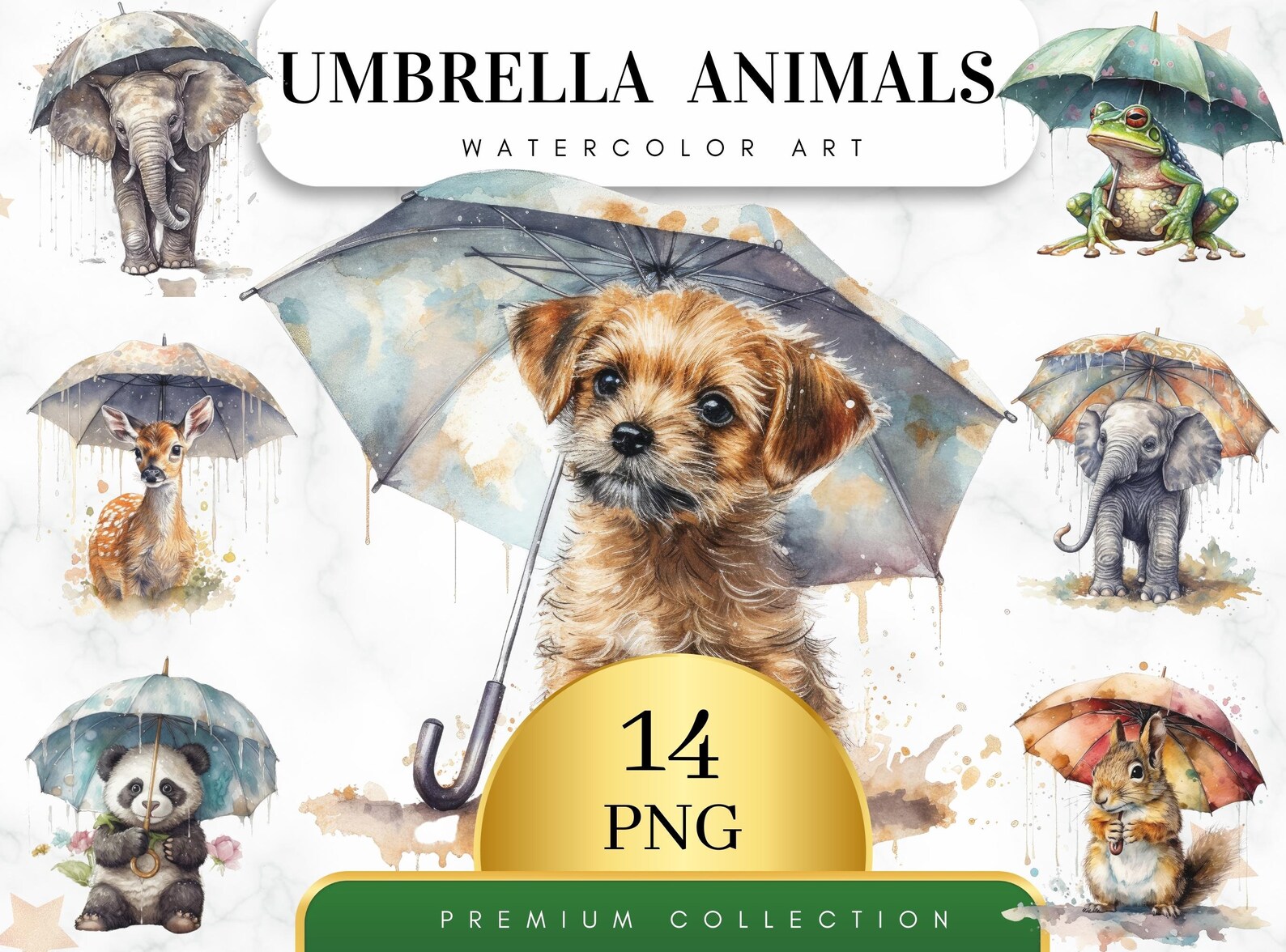 Set of 14, Watercolor Animals in Rain, Watercolor Animal With Umbrella ...