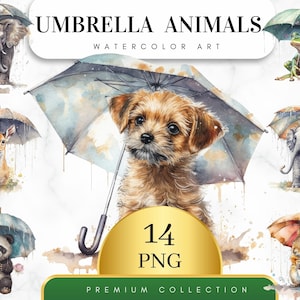 Set of 14, Watercolor Animals in Rain, Watercolor Animal With Umbrella ...