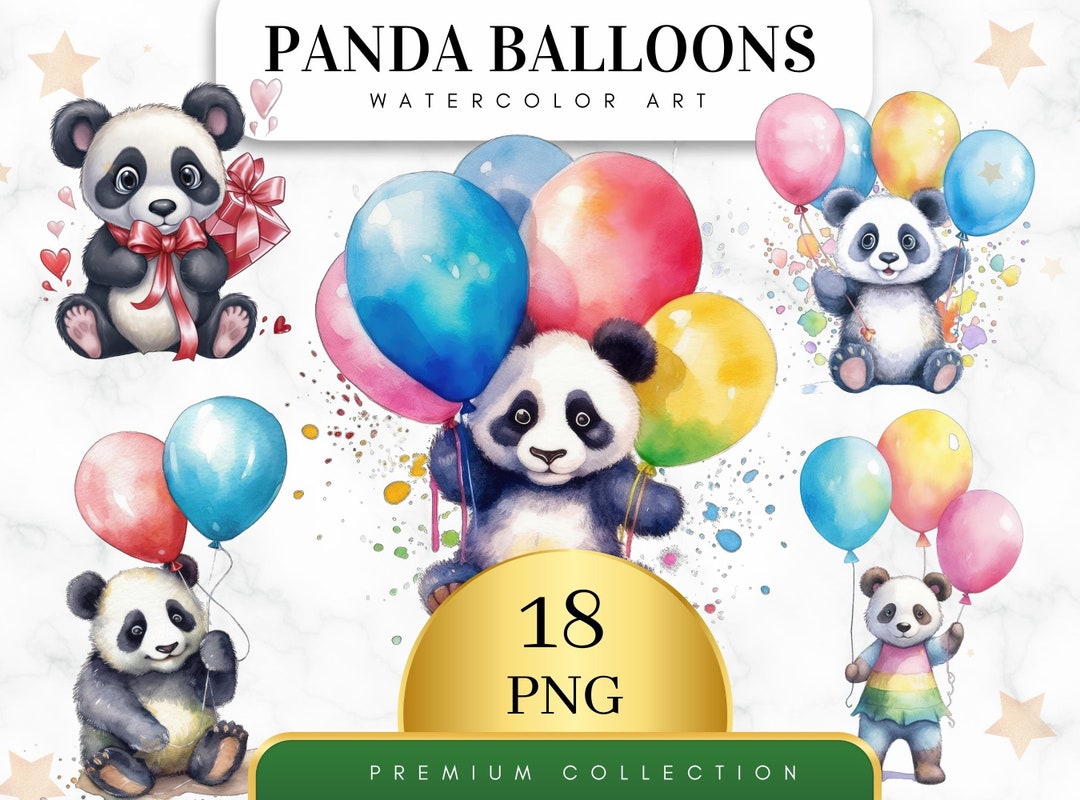 Set of 18, Watercolor Panda Balloons Clipart, Balloons Panda Png ...