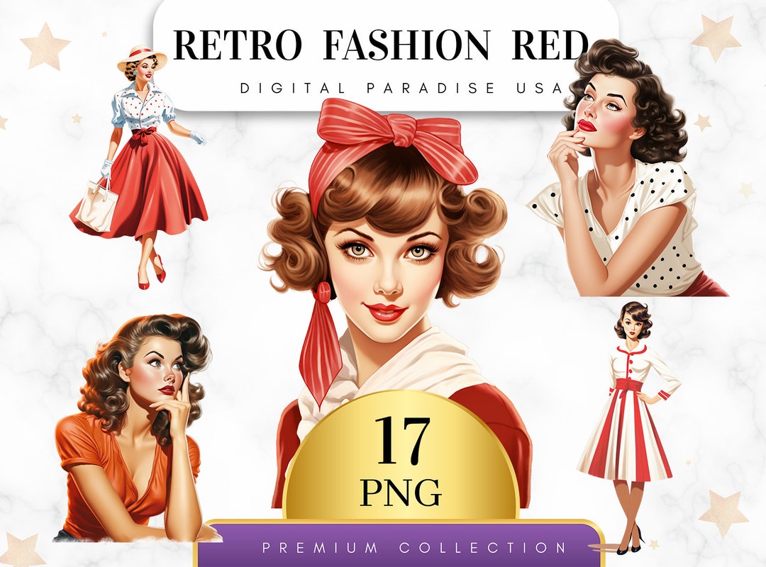 Set von 17, Retro-Mode rot Clipart, Retro-Mode-Bundle, Mädchen Clipart ...