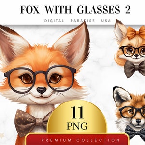 Set of 11, Fox With Glasses Clipart 2, Fox PNG, Cute Fox, Watercolor ...