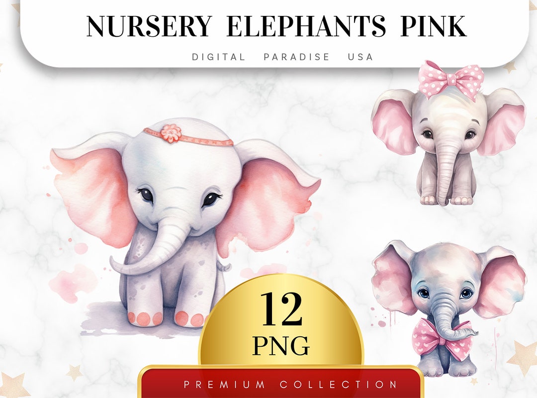 Set of 12, Nursery Elephants Pink Clipart, Pink Elephant PNG, Baby ...