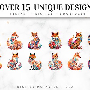 Set of 15, Watercolor Fox Bloomscape, Fox Clipart, Fox PNG, Floral Fox ...