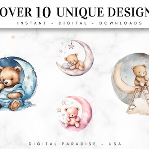 Set of 10, Watercolor Teddy on Moon, Teddy Bear PNG, Nursery Clip Art ...