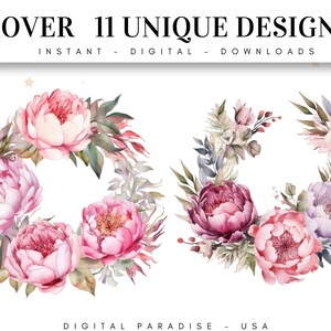 Set of 11, Watercolor Peonies Wreaths, Peonies Floral Clipart ...