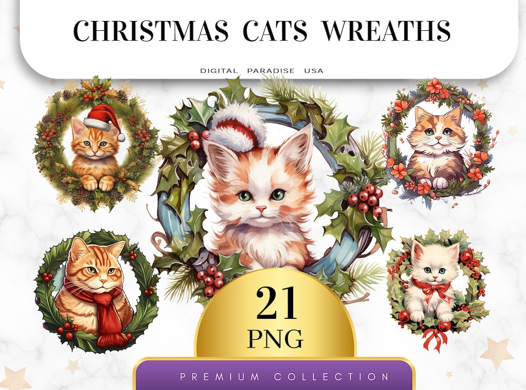 Set of 21, Christmas Cats Wreaths Clipart, Holiday Kitties, Cat Clipart ...