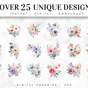 Set of 25, Watercolor Floral Elements, Flower Clipart, Floral PNG ...