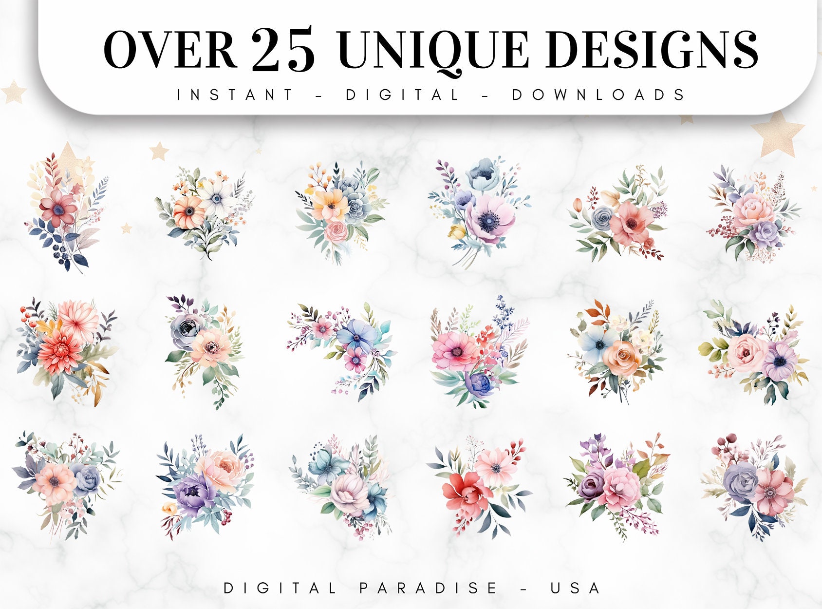 Set of 25, Watercolor Floral Elements, Flower Clipart, Floral PNG ...