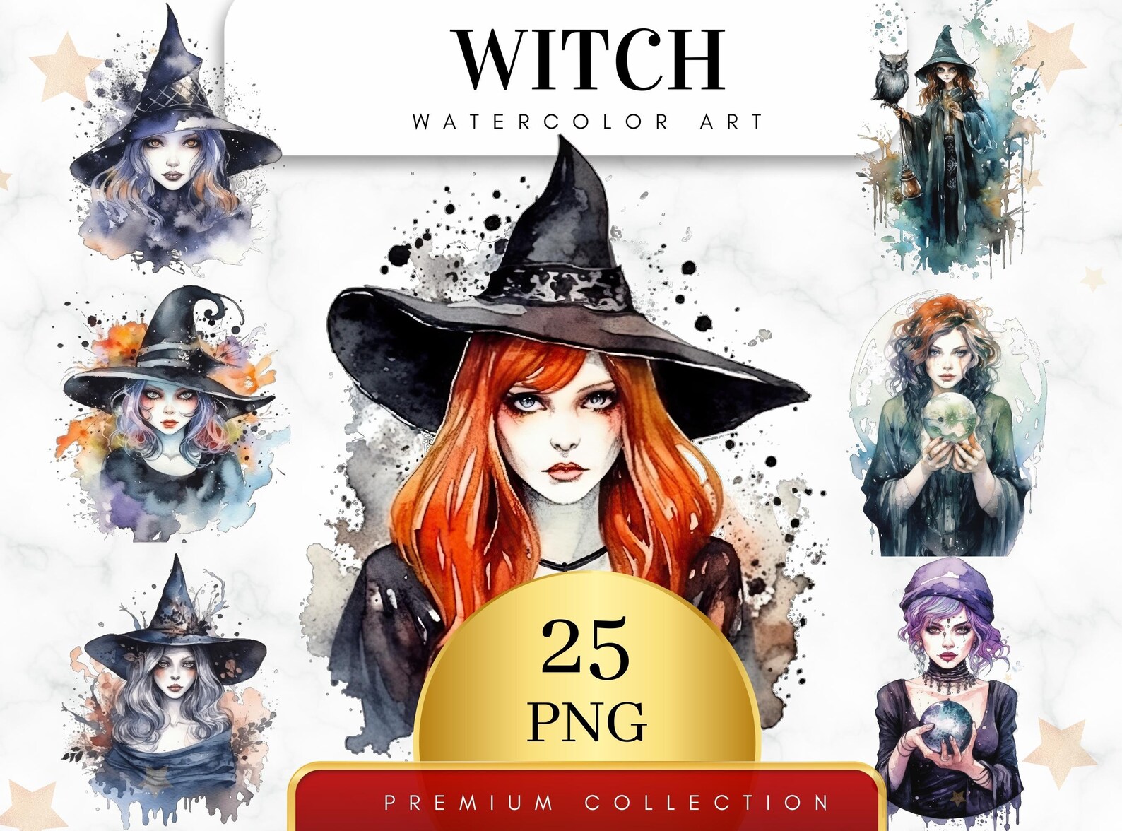 Set of 25, Watercolor Witch Clipart, Gothic Witchcraft Clip Art, Witch ...