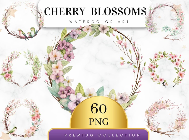 Set of 60, Watercolor Cherry Blossoms, Cherry Blossoms Clipart , Sakura ...