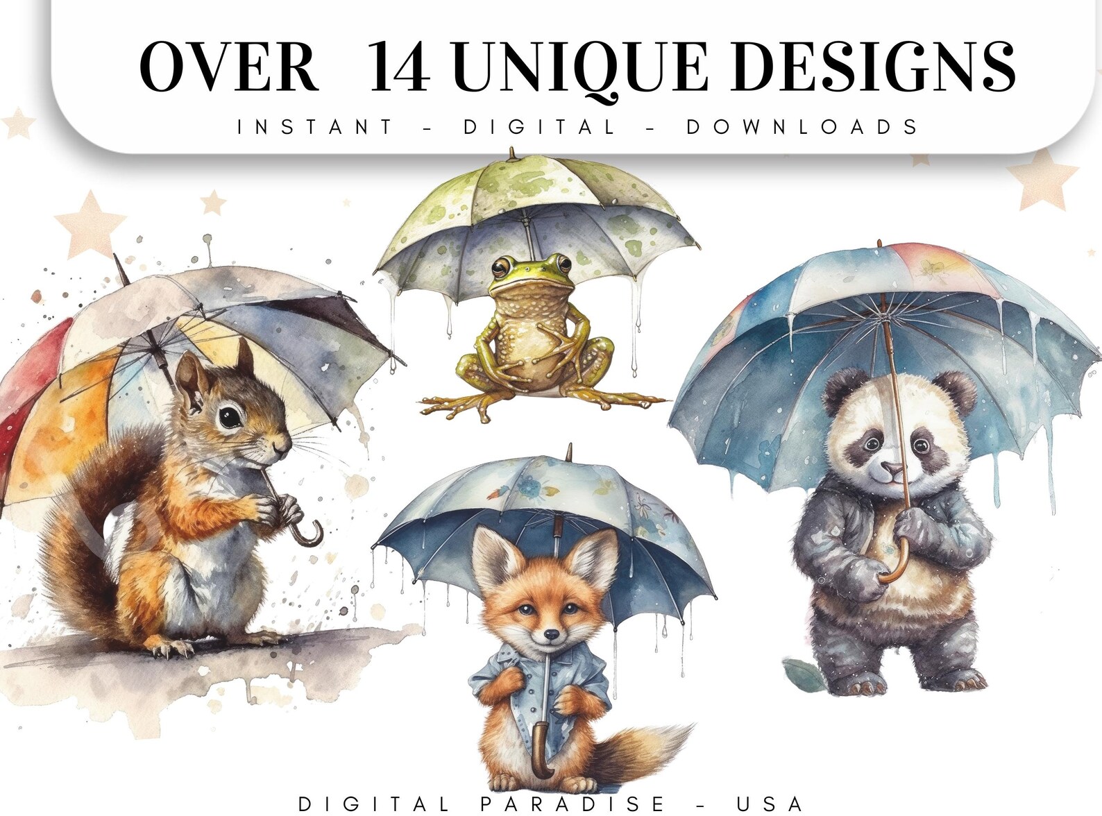 Set of 14, Watercolor Animals in Rain, Watercolor Animal With Umbrella ...