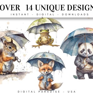 Set of 14, Watercolor Animals in Rain, Watercolor Animal With Umbrella ...