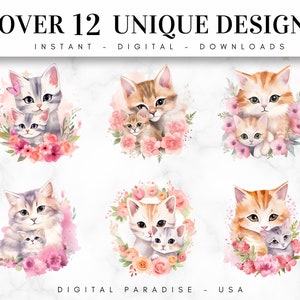 Set of 12, Cute Kitty and Mom Clipart, Kitty Cat PNG, Mother Cat and ...