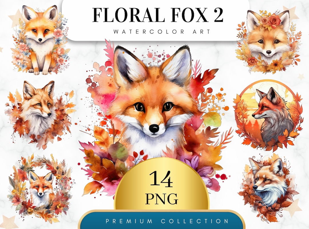 Set of 14, Watercolor Floral Fox Clipart 2, Fox PNG, Boho Fox Art, Junk ...