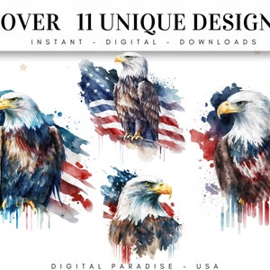 Set of 11, Watercolor Patriotic Eagle PNG, American Flag Digital ...