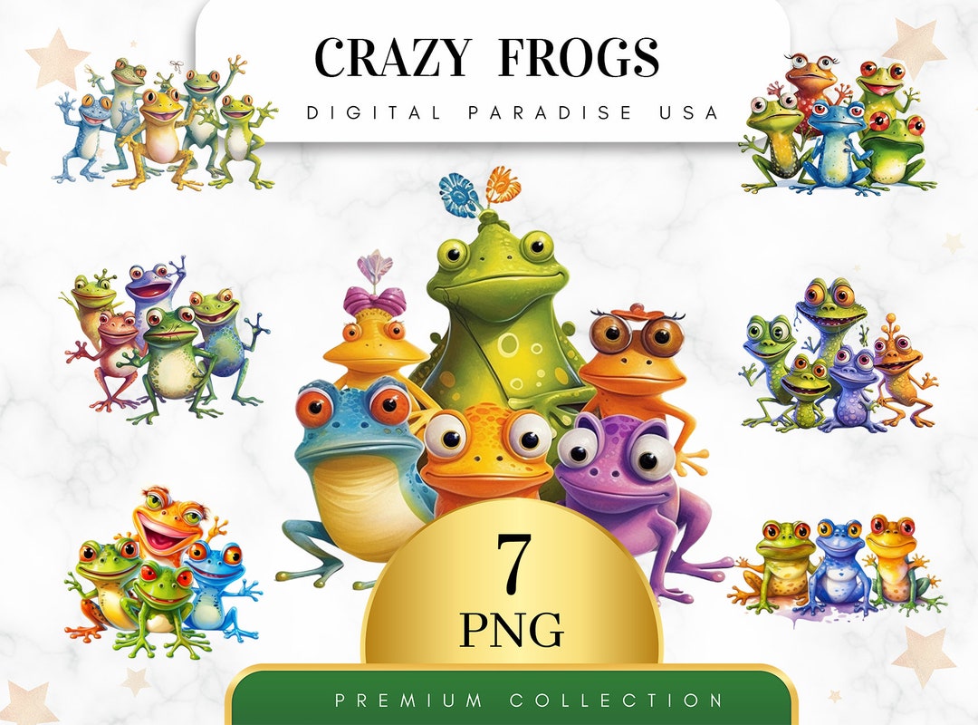Set of 7, Crazy Frogs Clipart, Frog PNG, Junk Journal Frog, Scrapbook Frogs, Crazy Frogs Art ...