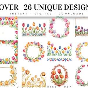 Set of 26, Tulips Wreath Clipart, Tulip PNG, Floral Frame Clipart ...